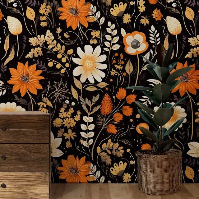 Vintage Black Floral Wallpaper