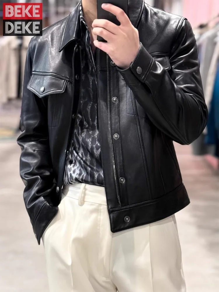 Luxury Mens Slim Fit Sheepskin Genuine Leather Jacket Business Casual ...