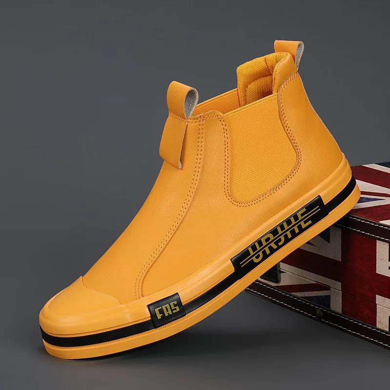 Leather-Casual-Boots-for-Men-Fashion-Yellow-Mens-High-Top-Shoes-Leather ...
