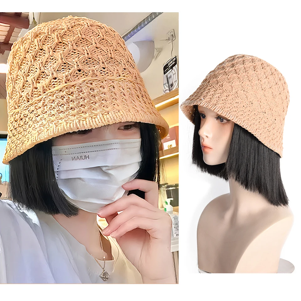 Synthetic-Wig-Hats-Integrated-Wig-Women-s-Short-Hair-Straw-Hats-Summer ...