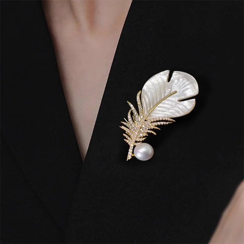 Fashion-Crystal-Shell-Feather-Brooch-Pins-For-Women-Luxury-White-Pearl ...