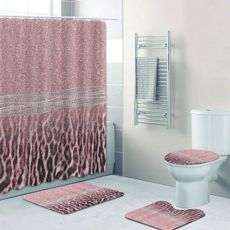 Trendy Girly Glitter Pink Leopard Print Shower Curtain Set for Bathroom ...
