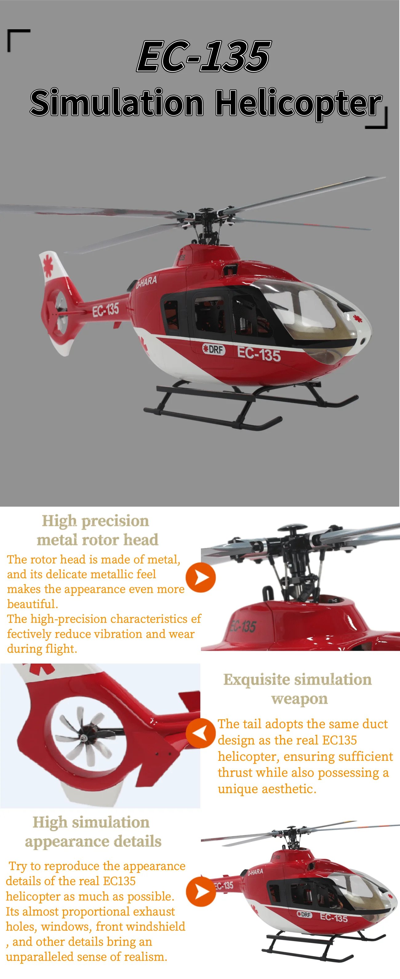 FLISHRC Roban EC135 500 Size Scale Helicopter Four Rotor Blades 6CH GPS ...