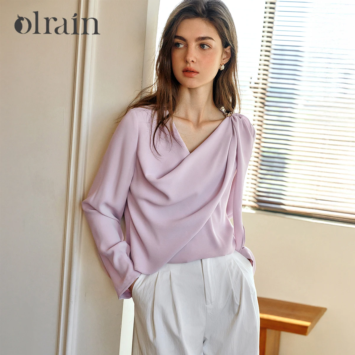 OLrain women's French Blouse Solid Design Draped Neckline Flowing Tie ...