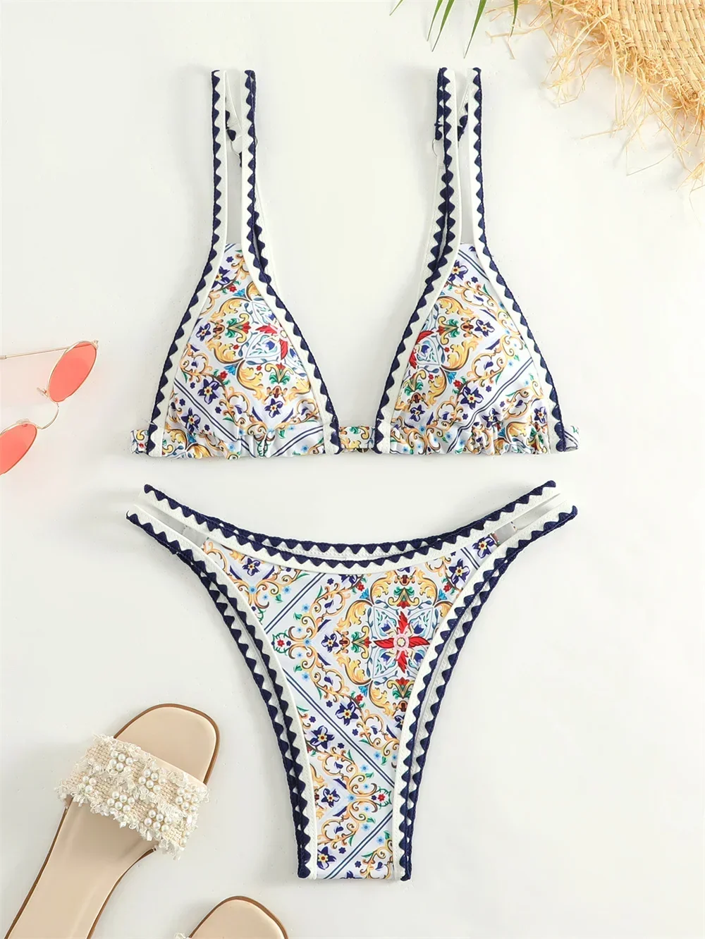 Trend Print Bikini Bordered Straps Swimsuit Thong Push Up Y2K Boho ...