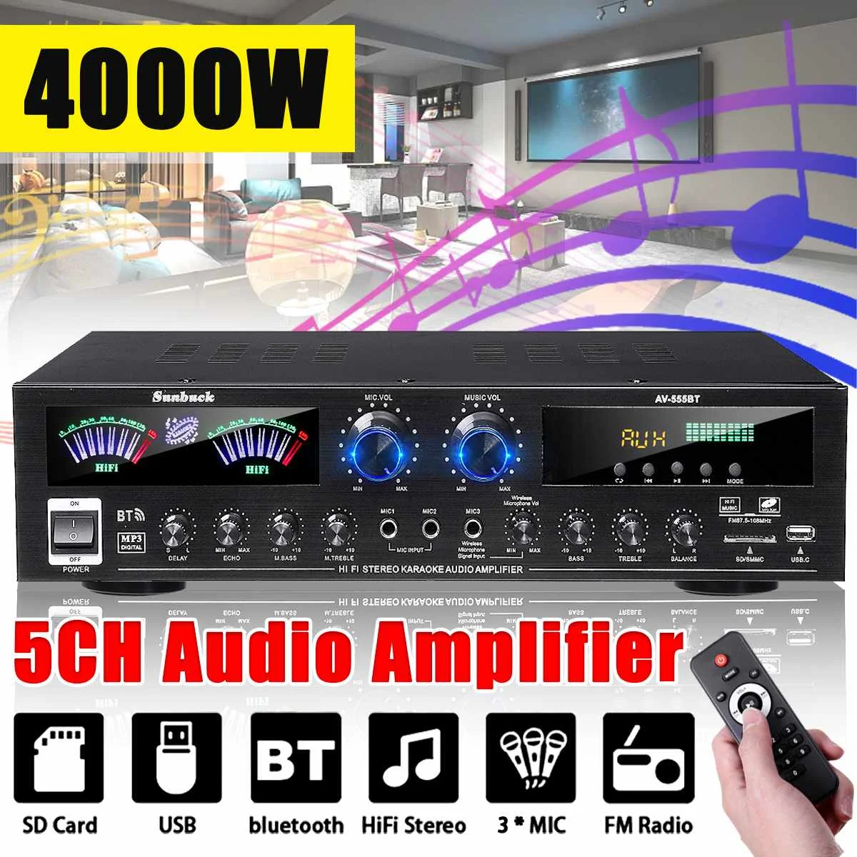 SUNBUCK AV555BT 4000W 5CH Home Theater Amplifier 12V bluetooth Home ...