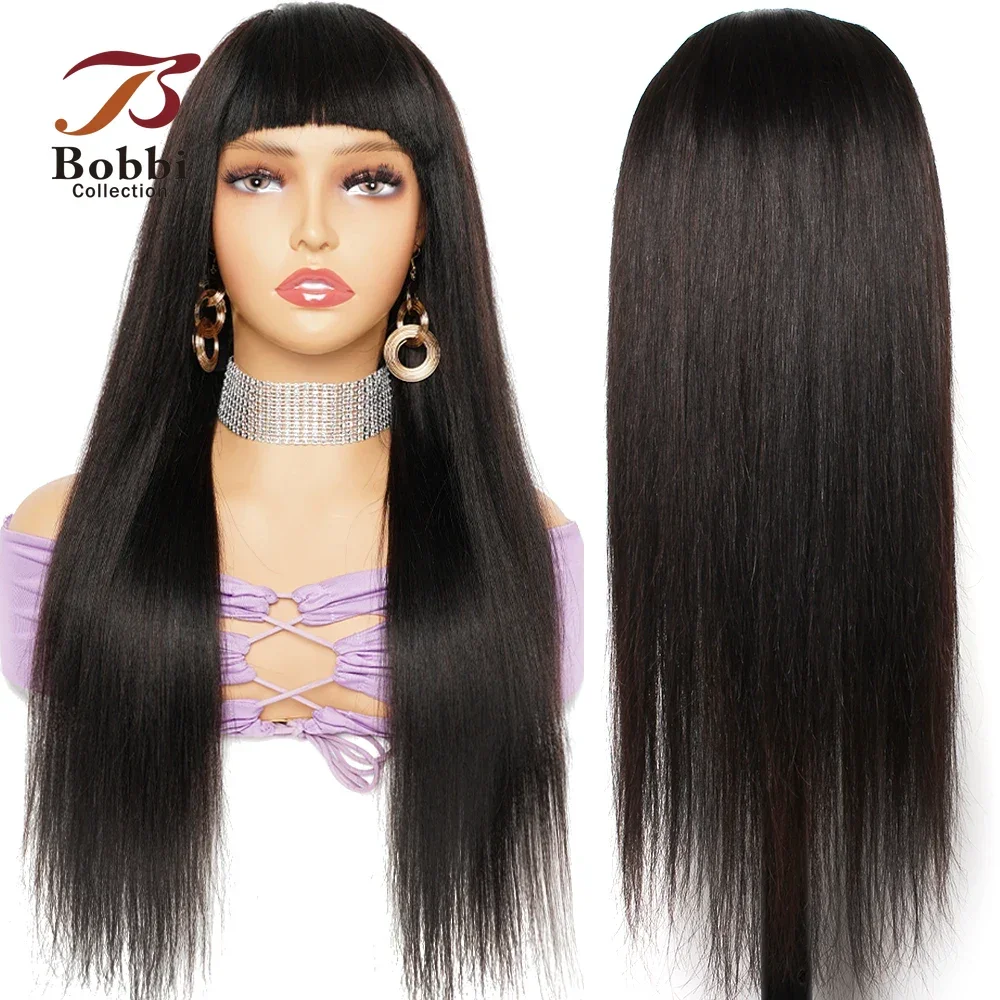 Clearance Human Hair Wigs with Bang Natural Black Color Long Straight ...