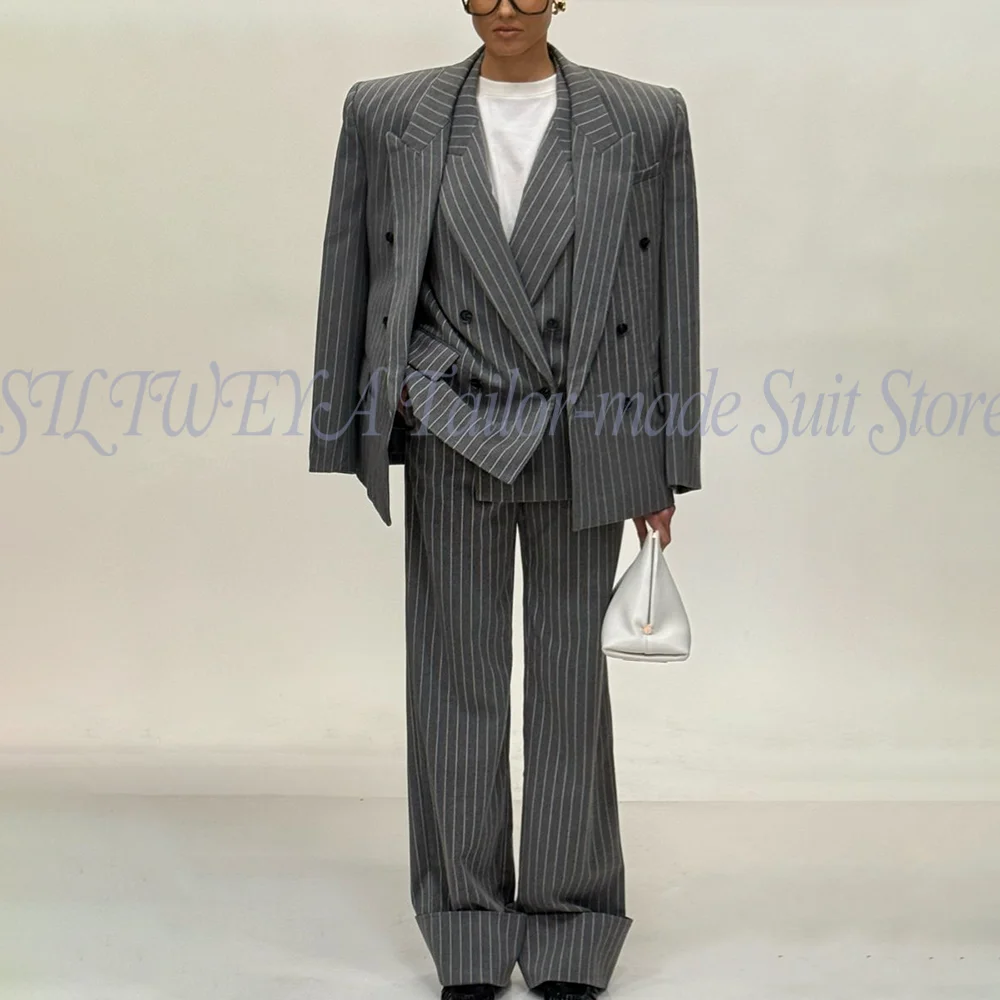 Fashion Grey Stripe 3 Piece Coat Jacket Pants High-end Chic Outfits ...