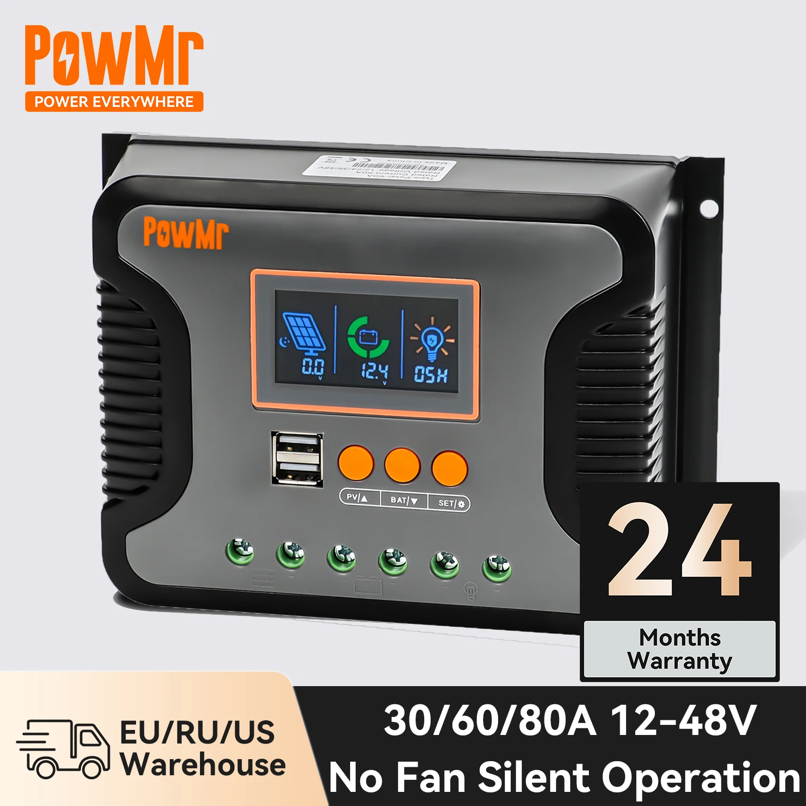 Powmr Pwm Solar Charge 30a 60a 80a Controller 12v 24v 36v 48v Lead-acid Lithium User Battery ...