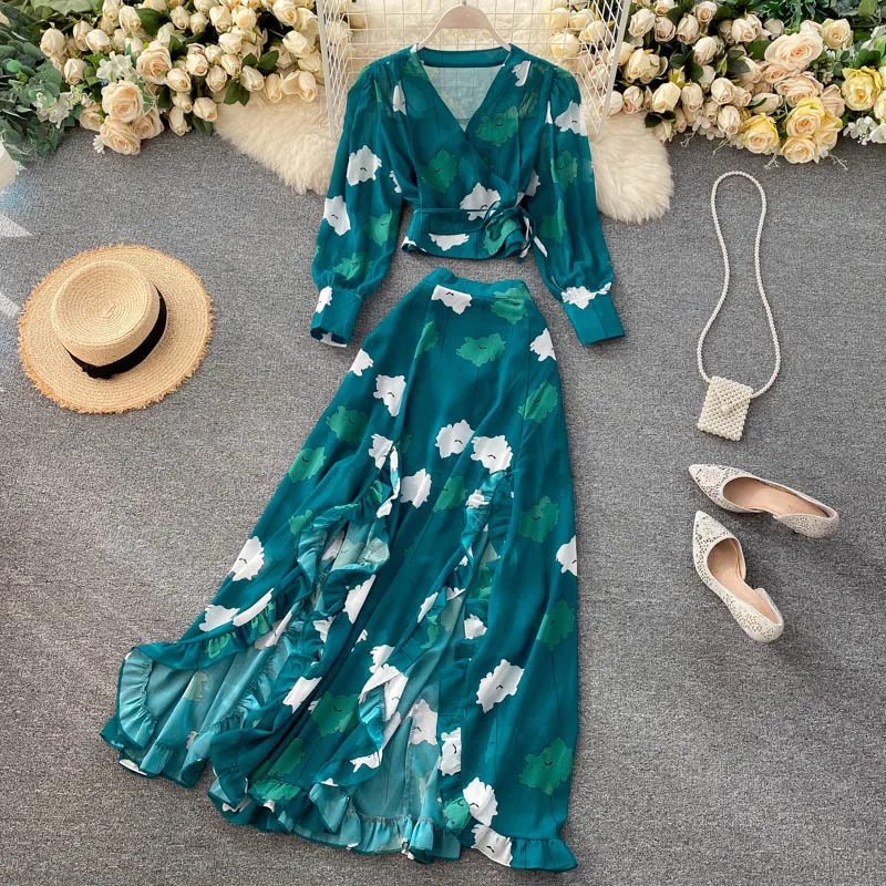 Printed-Short-Chiffon-Shirt-and-Skirt-for-Women-Two-Piece-Set-Side-Slit ...