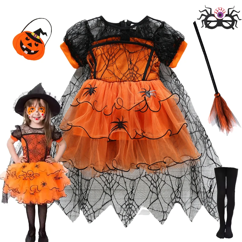 2-7Y Halloween Witch Cosplay Party Dress Cute Spider Mesh Cape Clothes ...