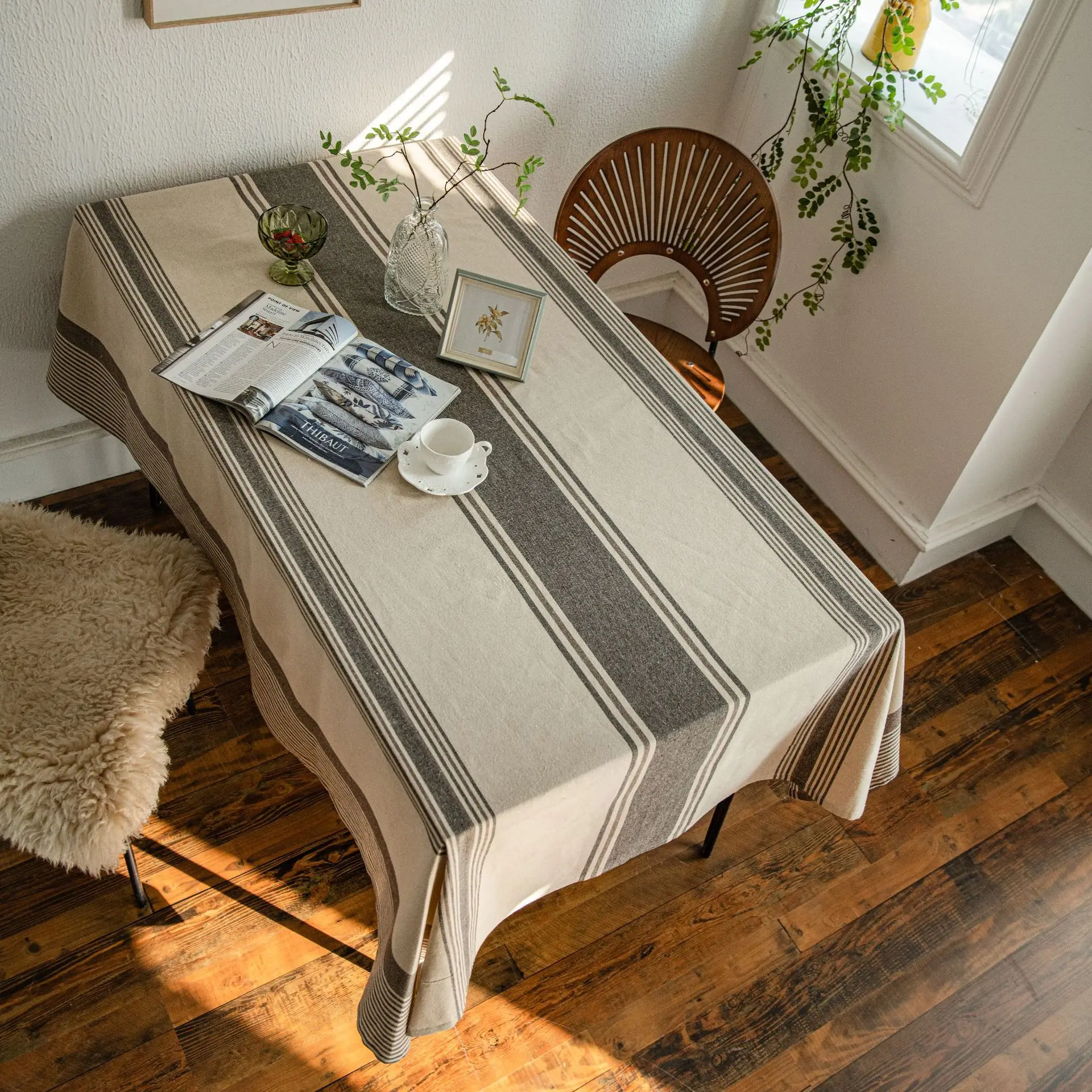 Table-Cloth-Cotton-and-Linen-Coffee-Striped-Japanese-Style-Tablecloth ...