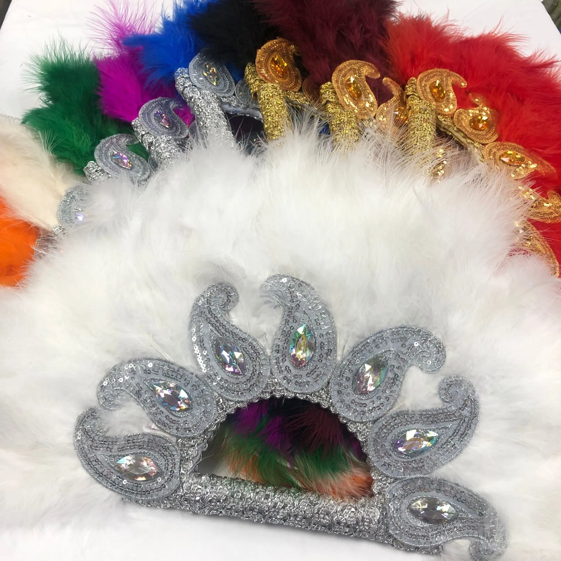White-Feather-Fan-Big-Size-African-White-Feather-Handfan-With-Stones ...