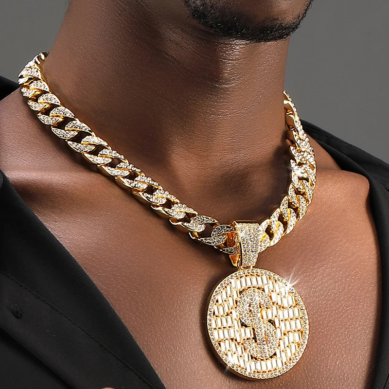 Fashion-Alloy-Rhinestone-Hip-Hop-Round-Dollar-Pendant-Necklace-Cuban ...