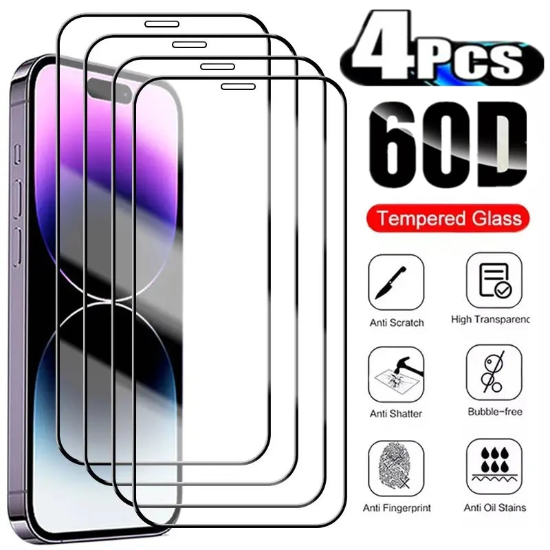 4PCS 60D Full Cover Protective Glass For IPhone 14 11 X XR XS MAX 6 7 8 ...