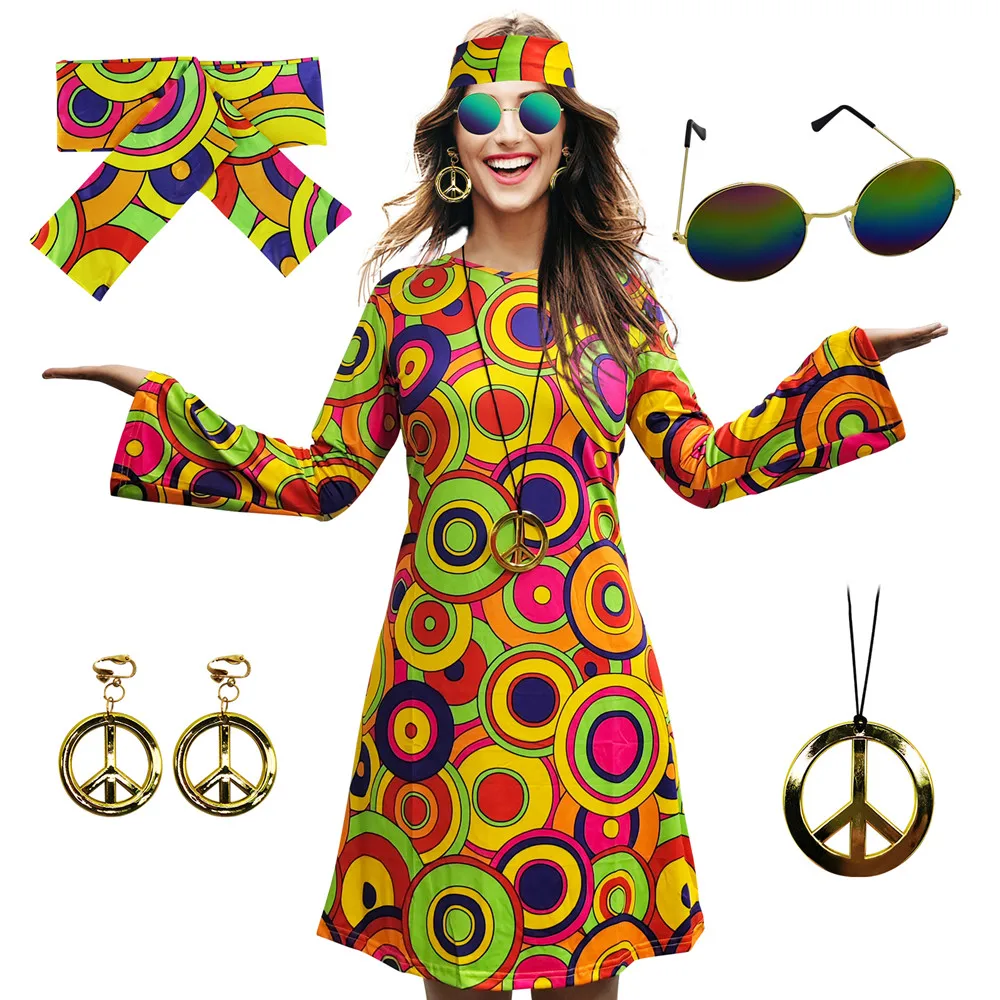 Women-Hippie-Costume-Halloween-Party-Disco-70-s-Dance-Costume-Set-Peace-Sign-Earring-Necklace ...