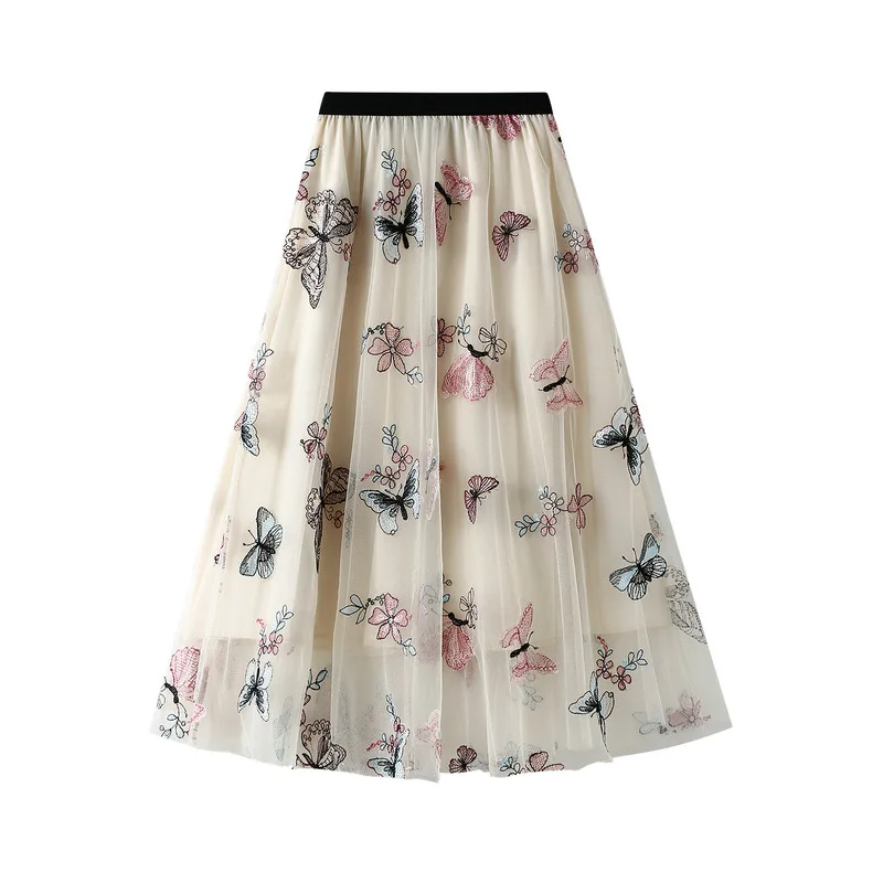 Embroidery-Butterfly-Mesh-Skirts-Women-Elegant-High-Waist-Mid-Length ...