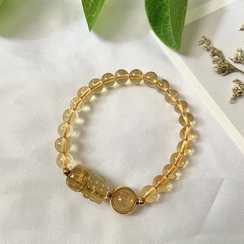 Natural-Yellow-Citrine-Crystal-Bracelets-Round-Beads-With-Gold ...