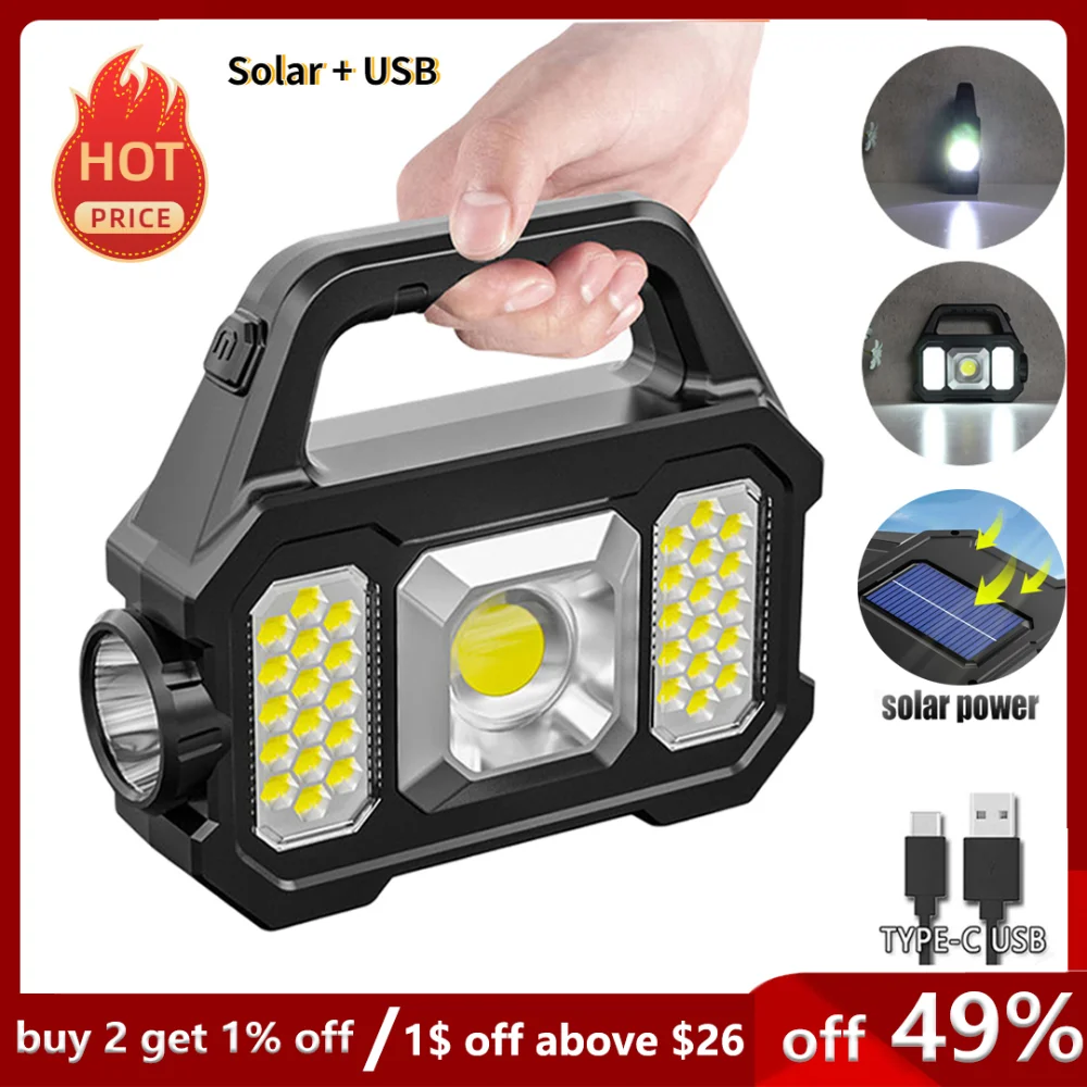 NEW-USB-Rechargeable-Super-Bright-Solar-LED-Camping-Flashlight-With-COB ...