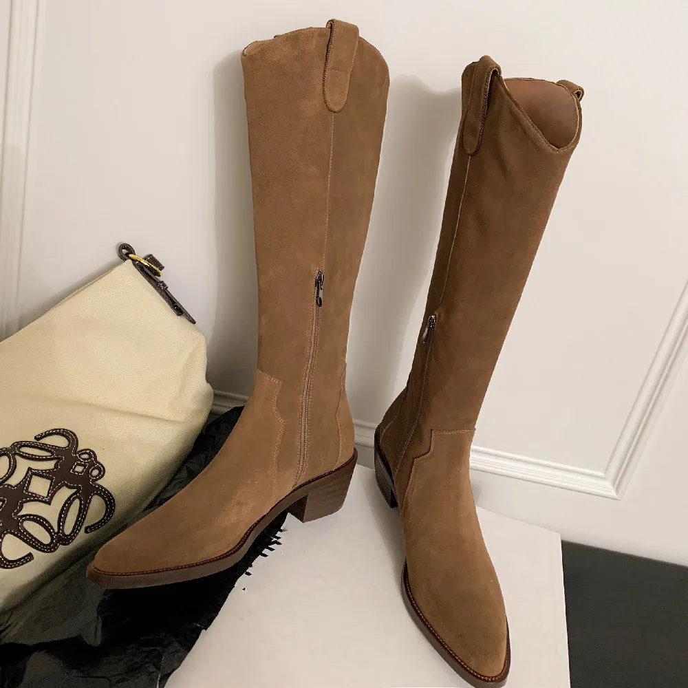 Women-s-natural-suede-leather-5cm-thick-med-heel-pointed-toe-size-zip ...