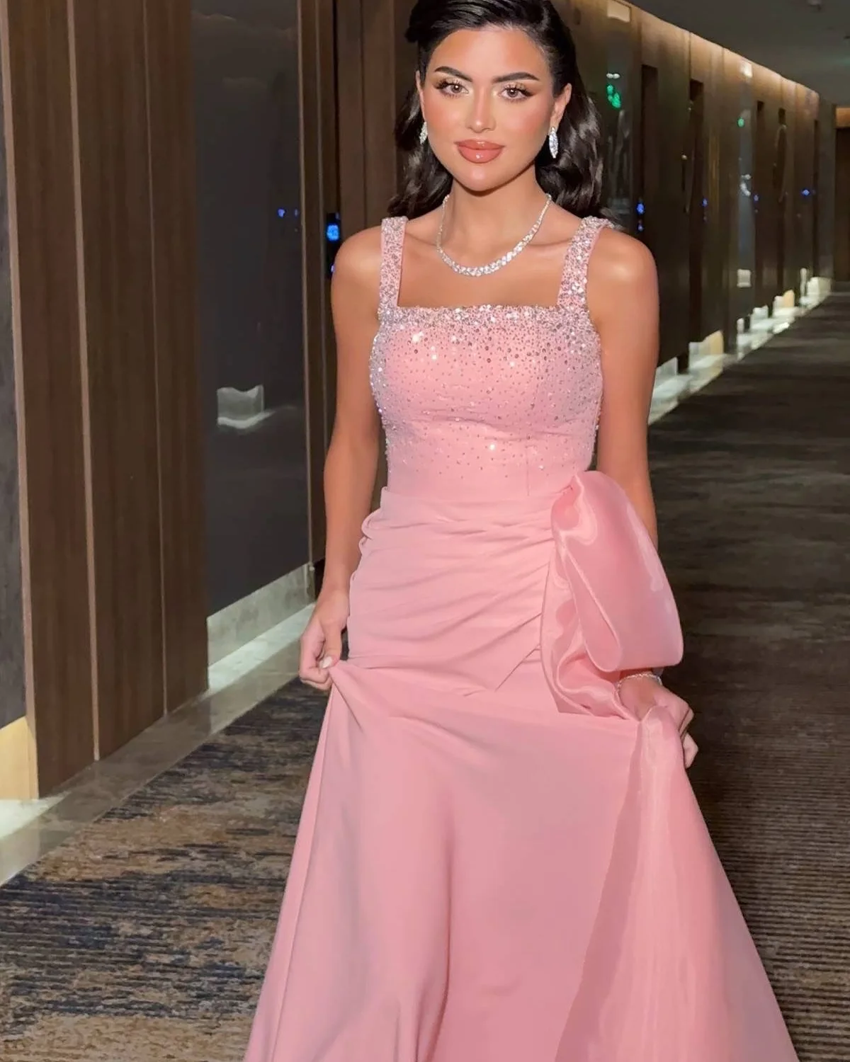Customized Saudi Evening Dresses Floor Length Beads Pink Prom Dresses ...