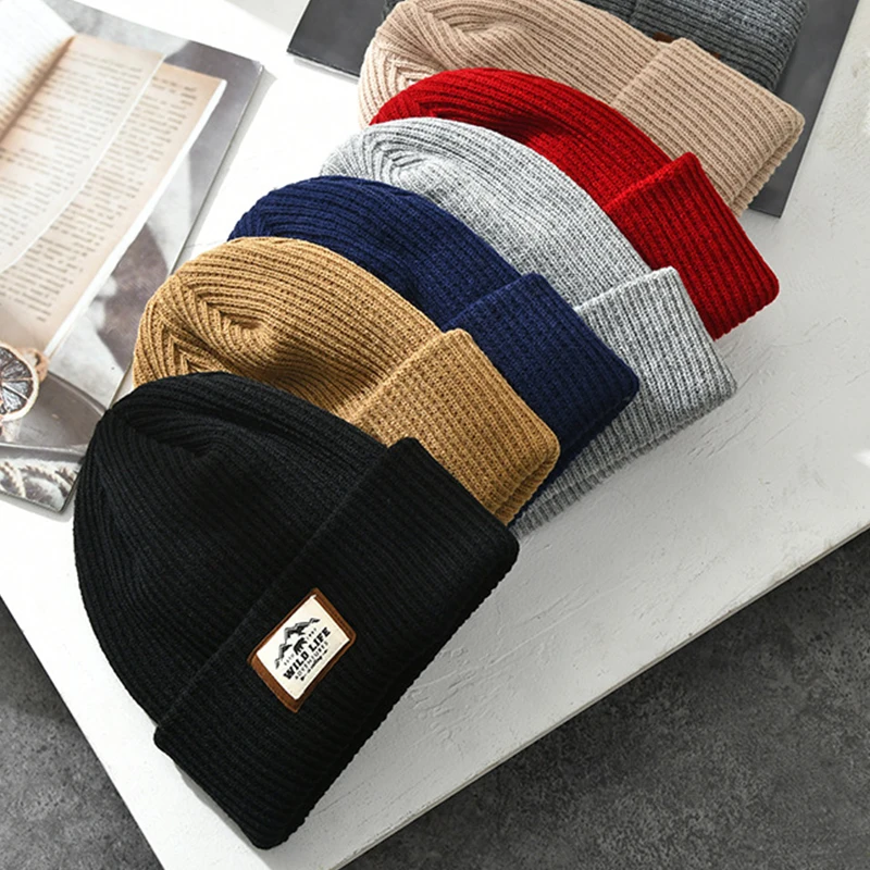 Solid-Color-Knitted-Men-Beanie-Warm-Autumn-Winter-Crochet-Hat-Label ...