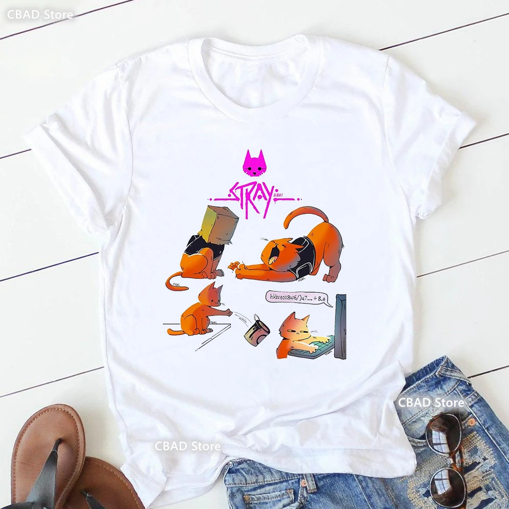 Camiseta-con-estampado-de-Stray-Game-para-mujer-ropa-blanca-divertida ...