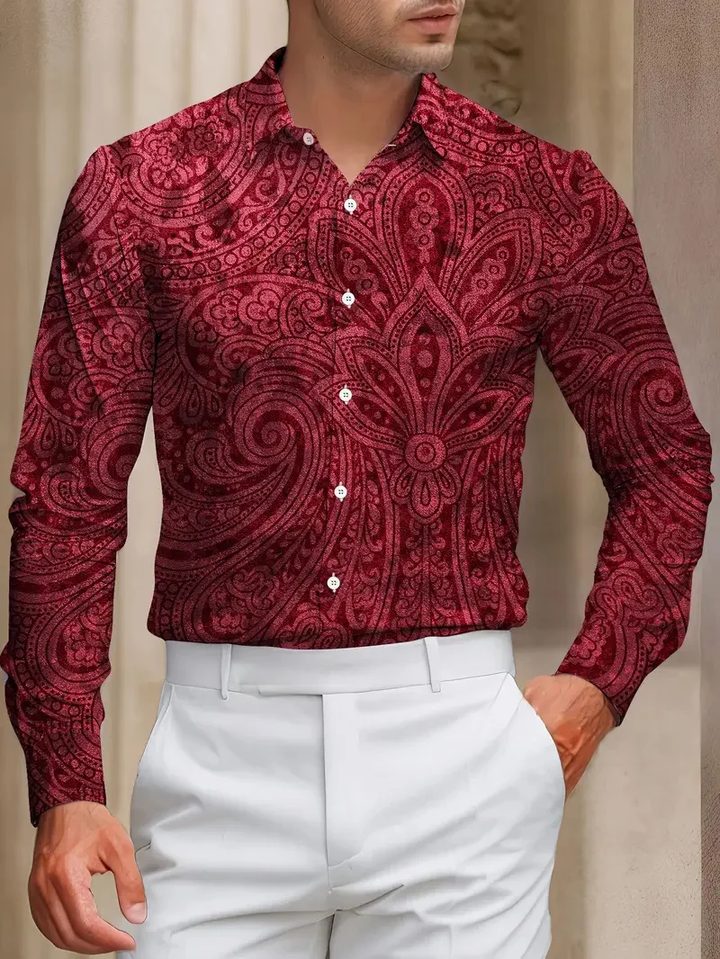 New Men's Shirt Irregular Geometric Print Outdoor Long Sleeve Button ...