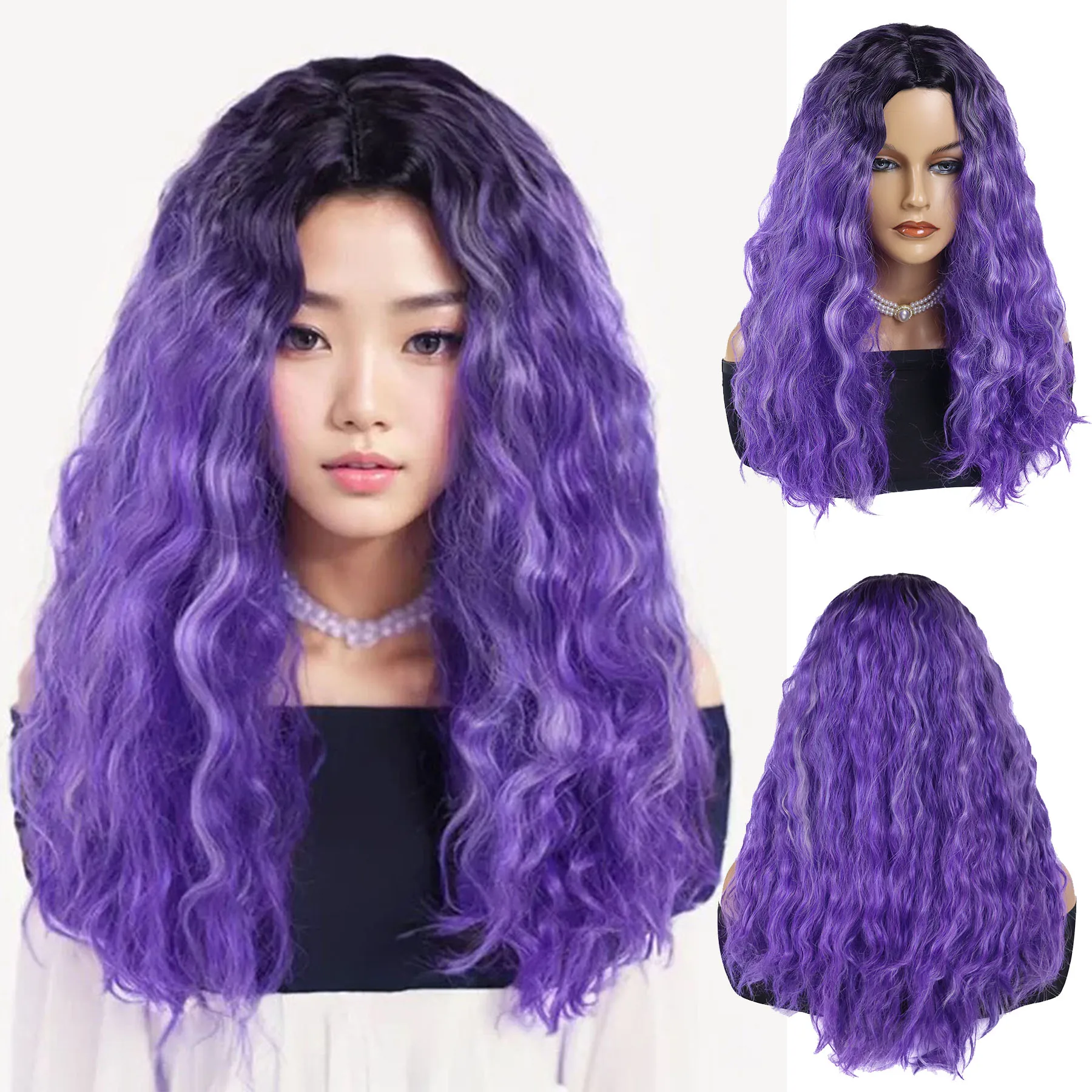 Synthetic Hair 25 Inch Long Wavy Wig Big Volume Purple Wigs for Women ...