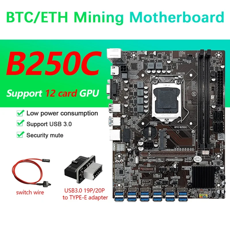 Novo 12 cartão b250c btc mineração placa mãe + usb3.0 19p/20p a TYPE E ...