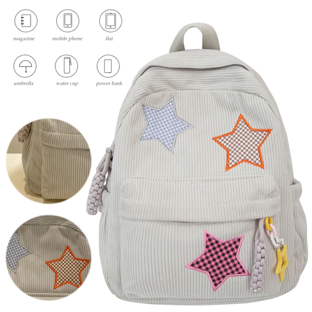 Large Capacity for Women Book Bag Corduroy Star Backpack Kawaii ...
