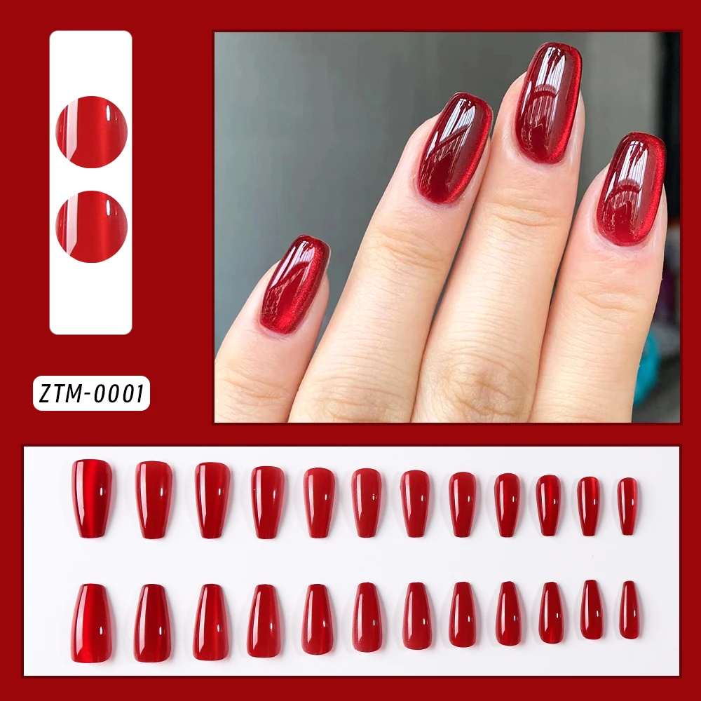24Pcs-Box-Ruby-Cat-eye-Press-on-Nails-Mid-length-Ballet-False-Nails ...