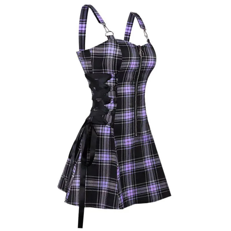 Dark Gothic Women Plaid Dress High Waist Bodycon Summer Vintage Punk ...