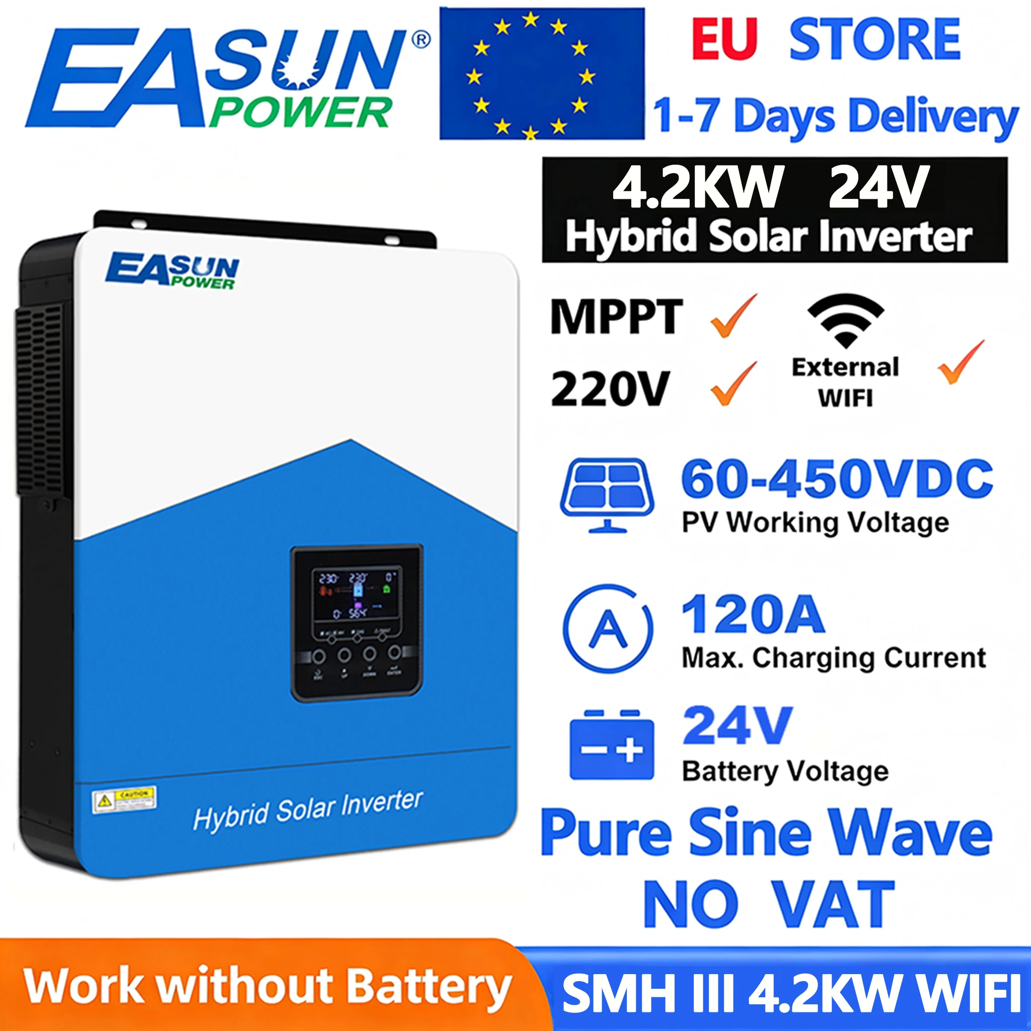 EASUN POWER Hybrid Solar Inverter 4.2KW 24V Pure Sine Wave Inverter ...