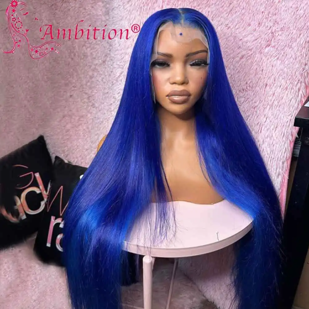 13x6 Glueless Lace Front Wigs Synthetic high heat fiber Blue straight ...