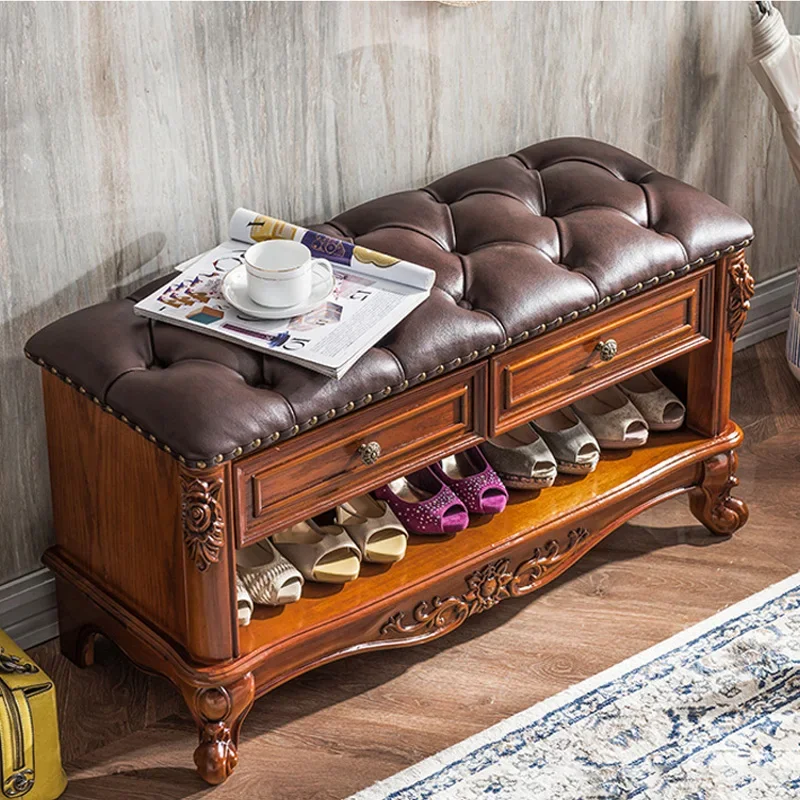 American-Vintage-Solid-Wood-Shoe-Stool-With-Drawer-Nordic-Retro-Luxury ...