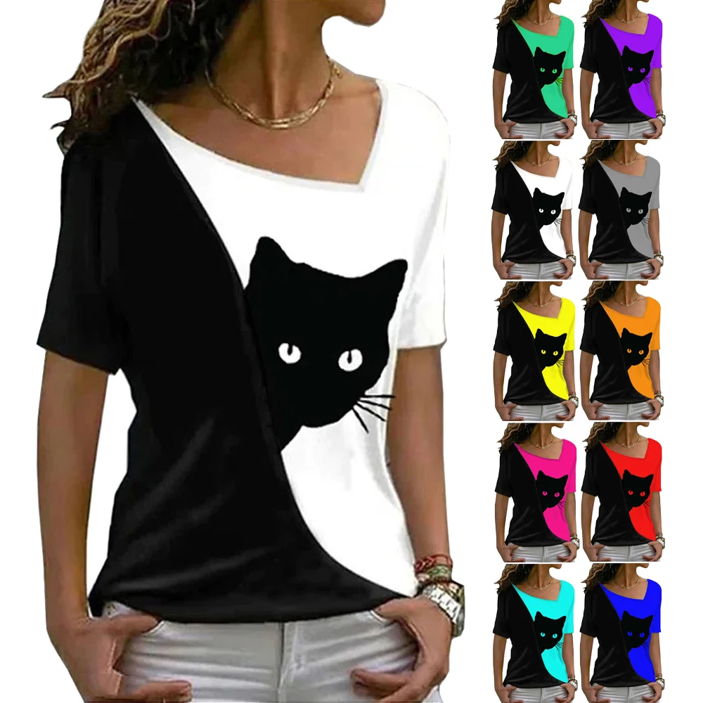 2023-summer-women-clothes-blouse-new-style-inclined-collar-black-cat ...