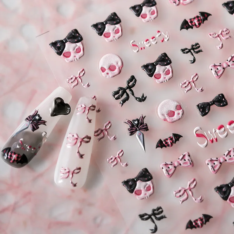 5D-Realistic-Relief-Pink-Skull-Killer-Black-Dagger-Ribbon-Bow-Adhesive ...
