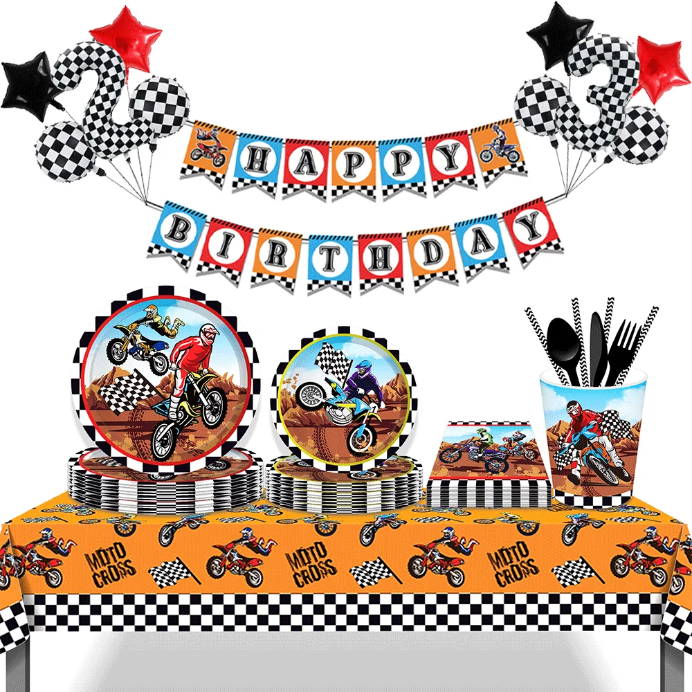 Dirt-Bike-Themed-Tableware-Motorcycle-Balloon-Flag-Banner-Black-White ...