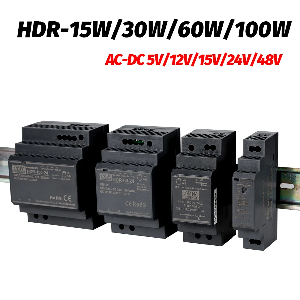 Fuente de alimentación conmutada hdr-series, 15W, 30W, 60W, 100W, AC-DC ...