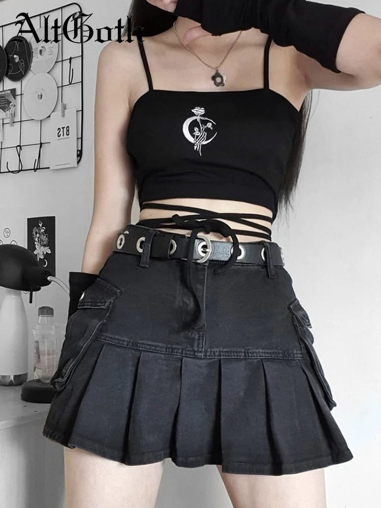 AltGoth Grunge Gothic Denim Skirt Women Streetwear Harajuku High Waist ...