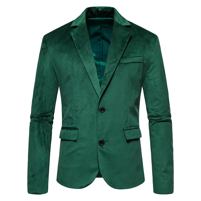 Mens Green Velvet Blazer Notched Lapel Velour Suit Jacket Two Button ...
