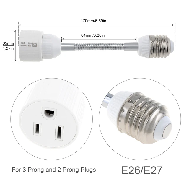 E26/E27 Light Socket To Plug Adapter 10A 110-250V Pin Lamp, 42% OFF