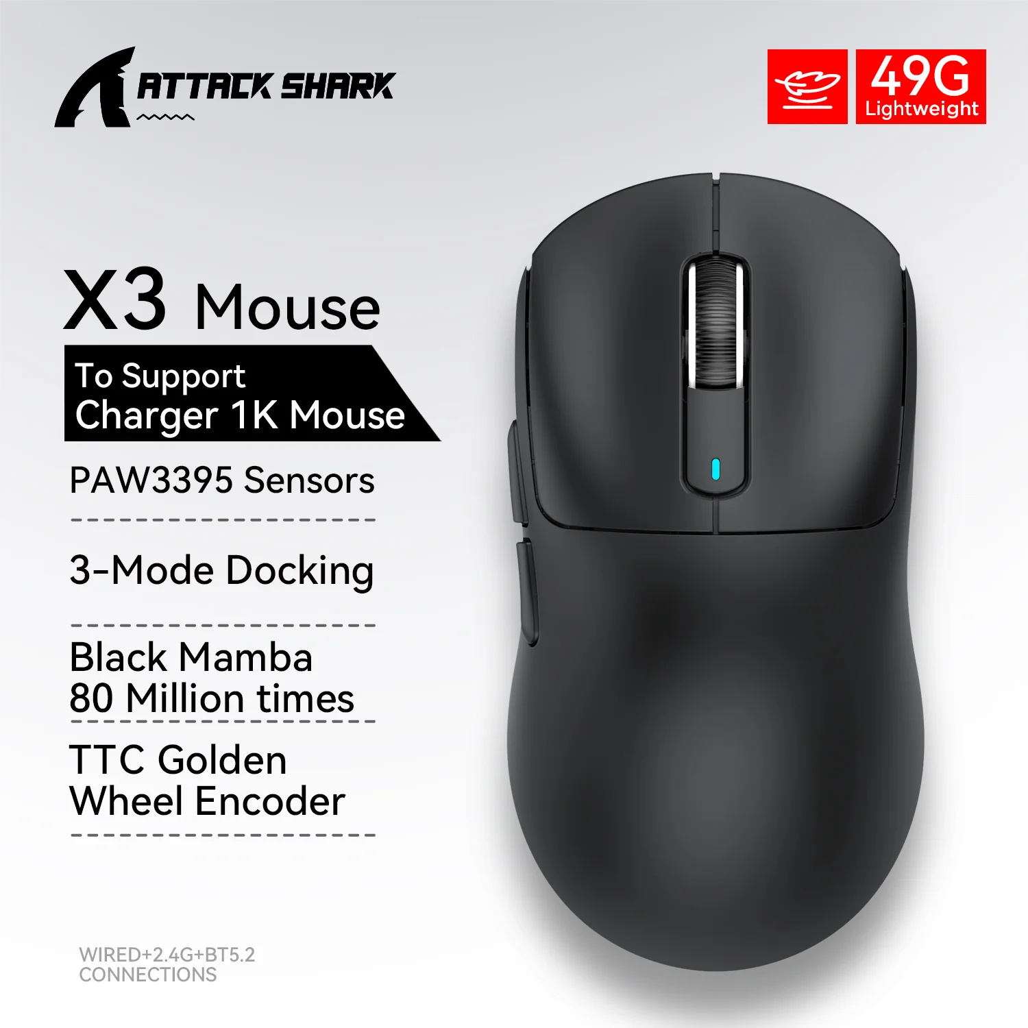 X3 pixart-mouse bluetooth paw3395, 2, 4g, conexão de 3 modos, 49g, luz, jogo macro