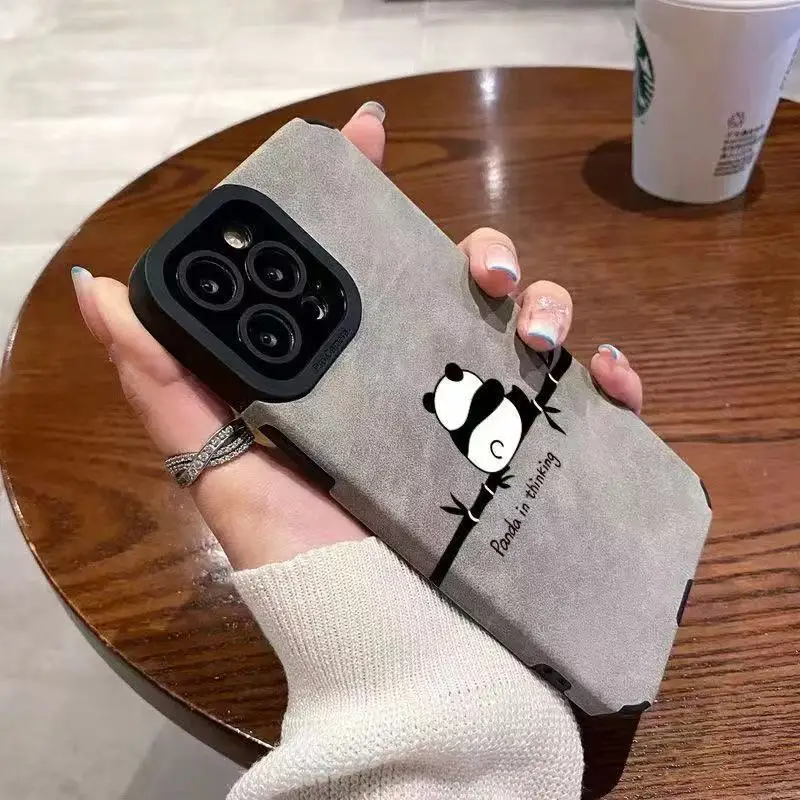 Gray Silicone Leather Panda Cute Phone Case For iPhone 13 14 Pro Max 16 ...
