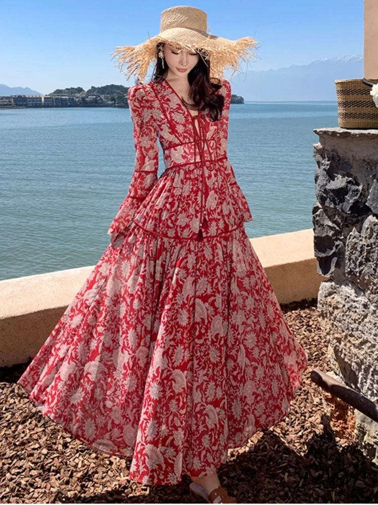 High-End Temperament Ethnic Style Red Printed Dress French Slim Waist ...