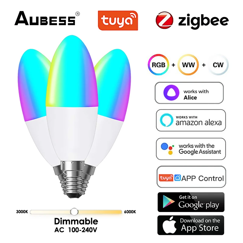 TUYA Zigbee Smart Candelabra European Lightbulb E14 100-240V RGB+C+W ...