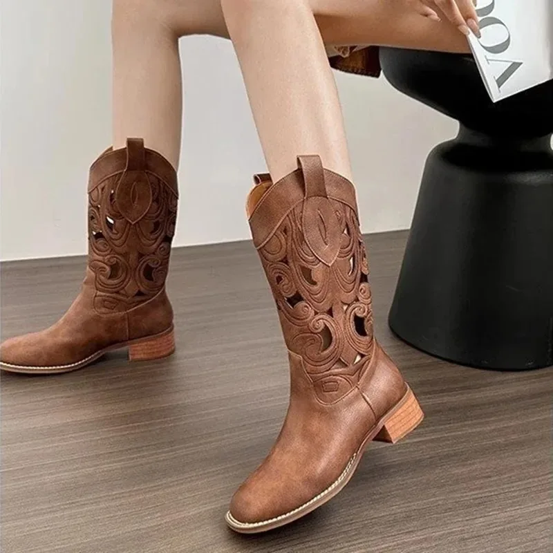 Summer Brown Mid-Calf Hollow Out Embroidered Western Boots Retro Style ...