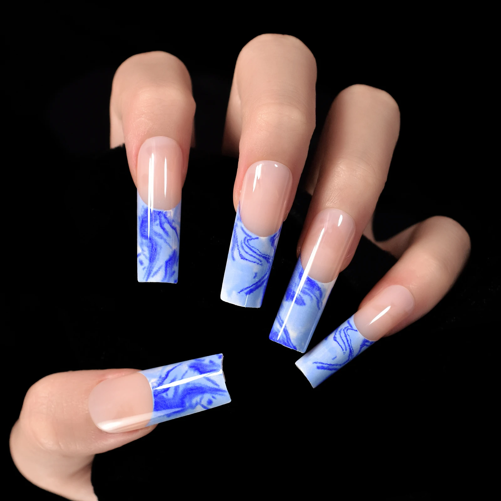 Diamond-Blue-Faux-Ongle-Summer-Finger-Decorative-Extra-Long-Square ...