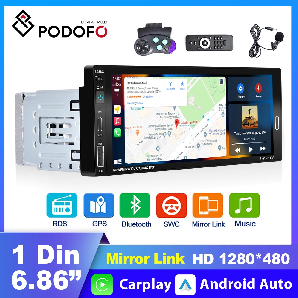 Podofo-Universal-Car-Stereo-Radio-1DIN-6-86-Carplay-MP5-HD-Touch-Screen ...